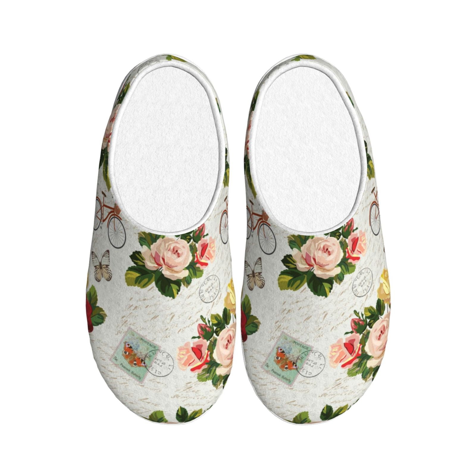 Easygdp Vintage Bike Flower Butterfly Slippers for Women Mens Winter ...