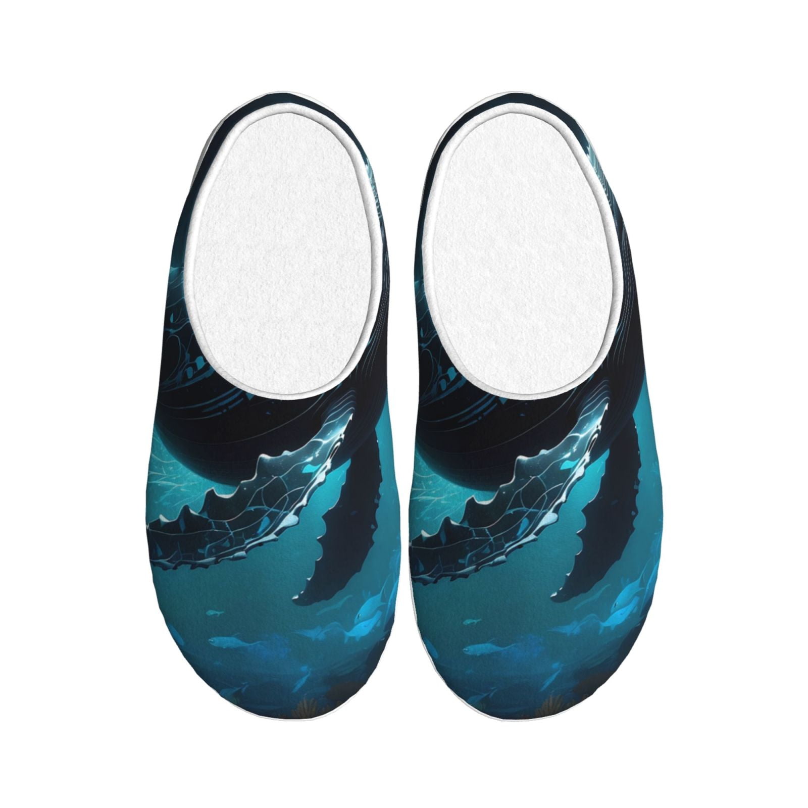 Easygdp Vintage Blue Pattern Whale Slippers for Women Mens Winter Warm ...