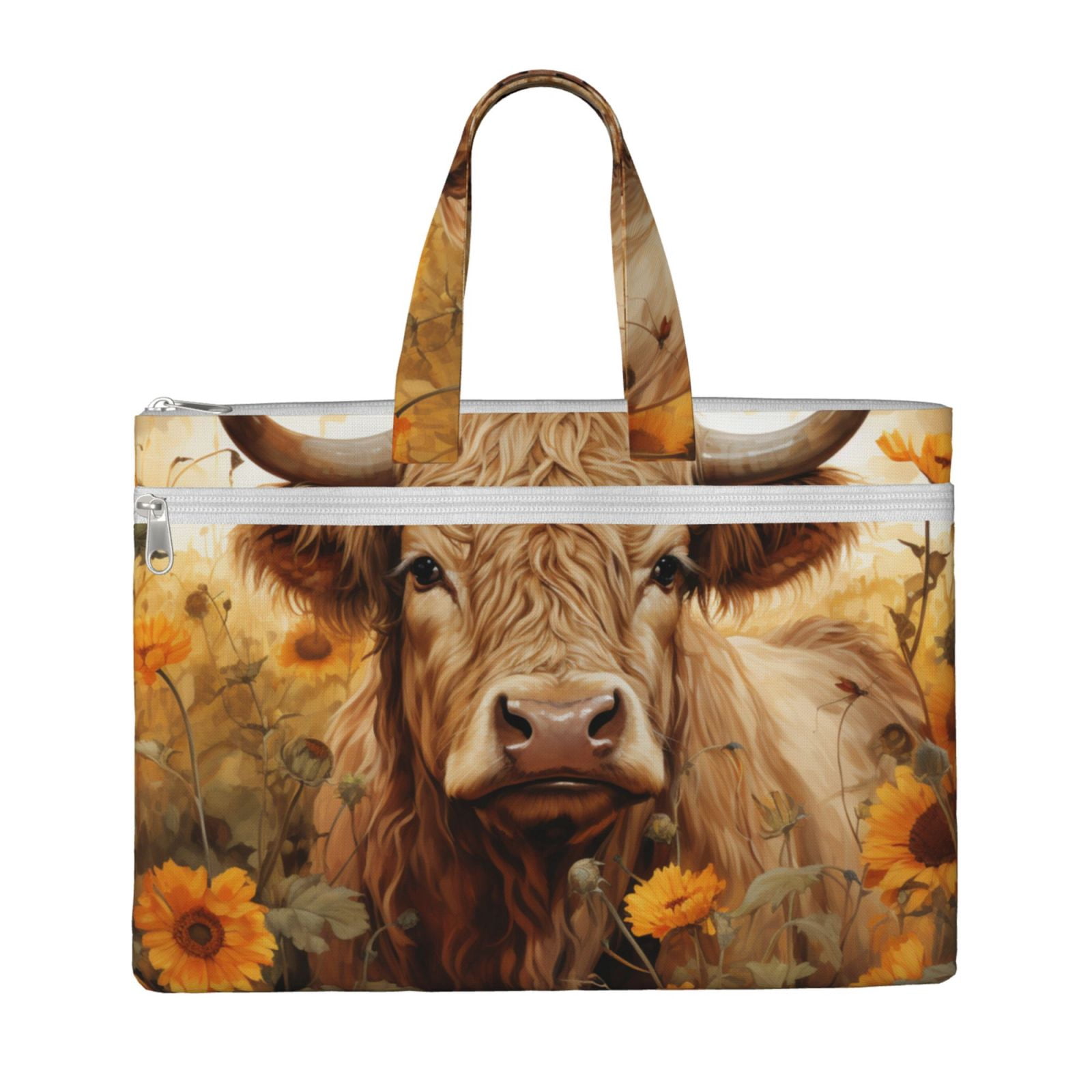 Easygdp Vintage Sunflower Cow Canvas Document Bag File Bag Handle ...