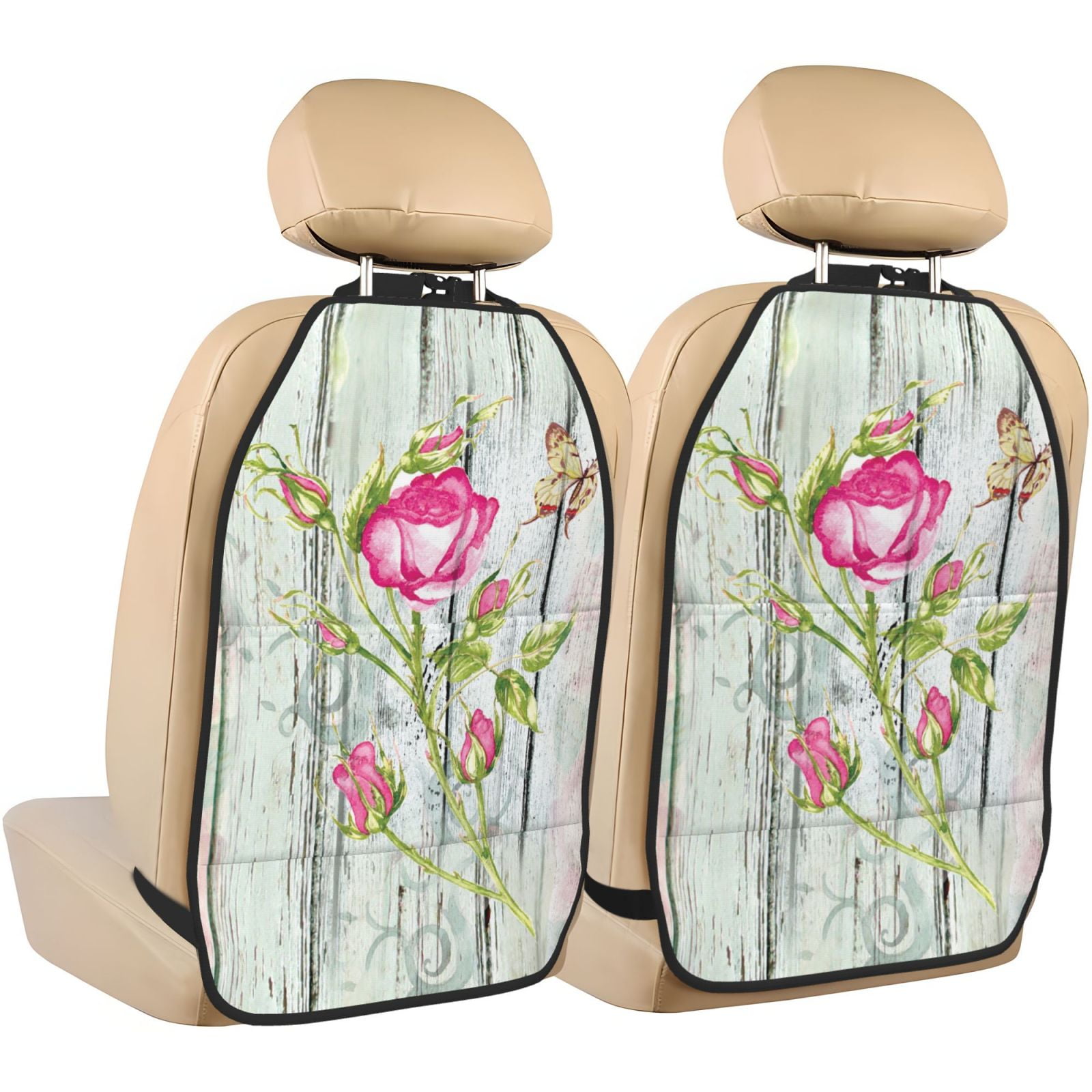 Easygdp Vintage Wood Background with Floral Car Kick Mat Seat Cover 2 ...