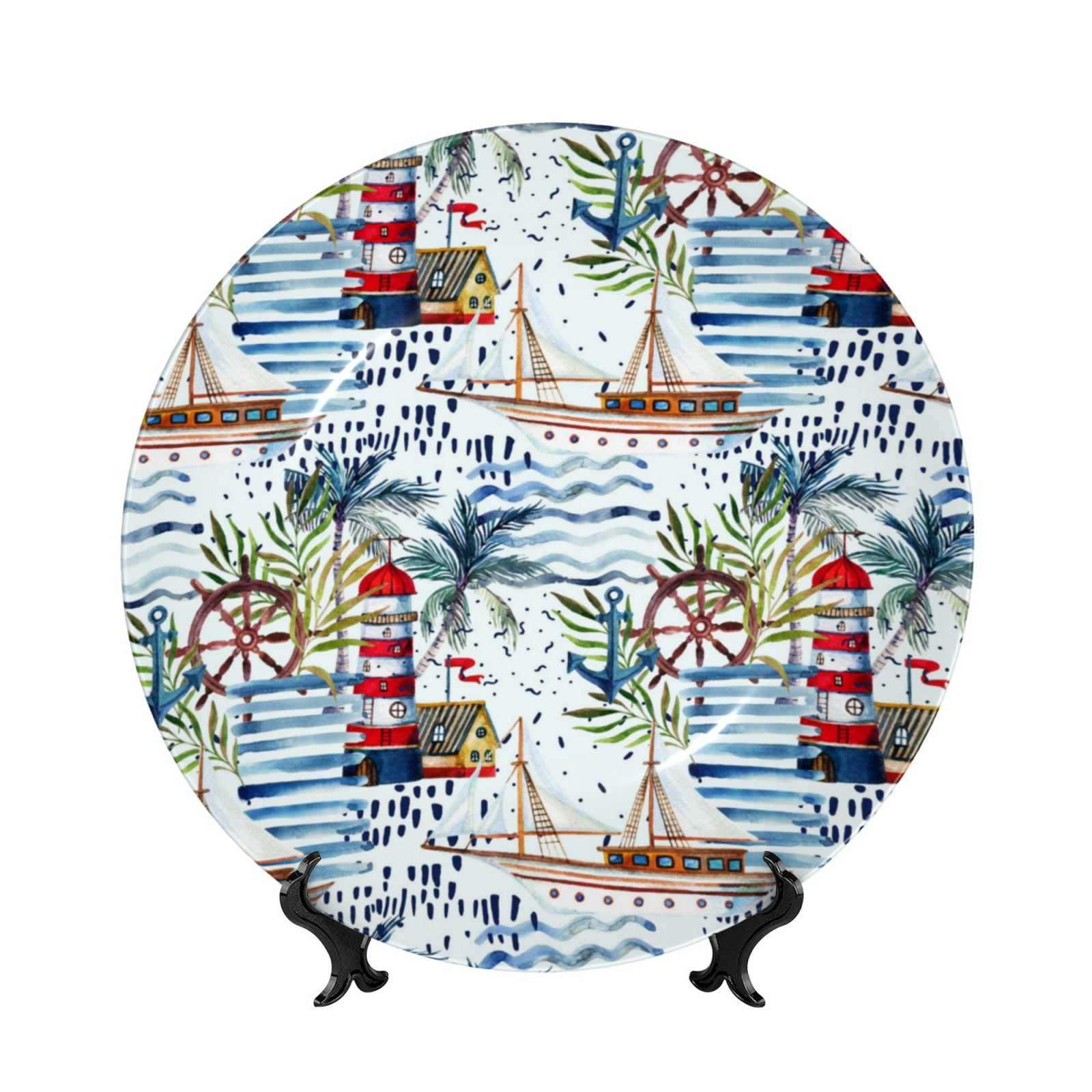 Easygdp Watercolor Sailboat Bone China Decorative Plate Ceramic Dinner ...