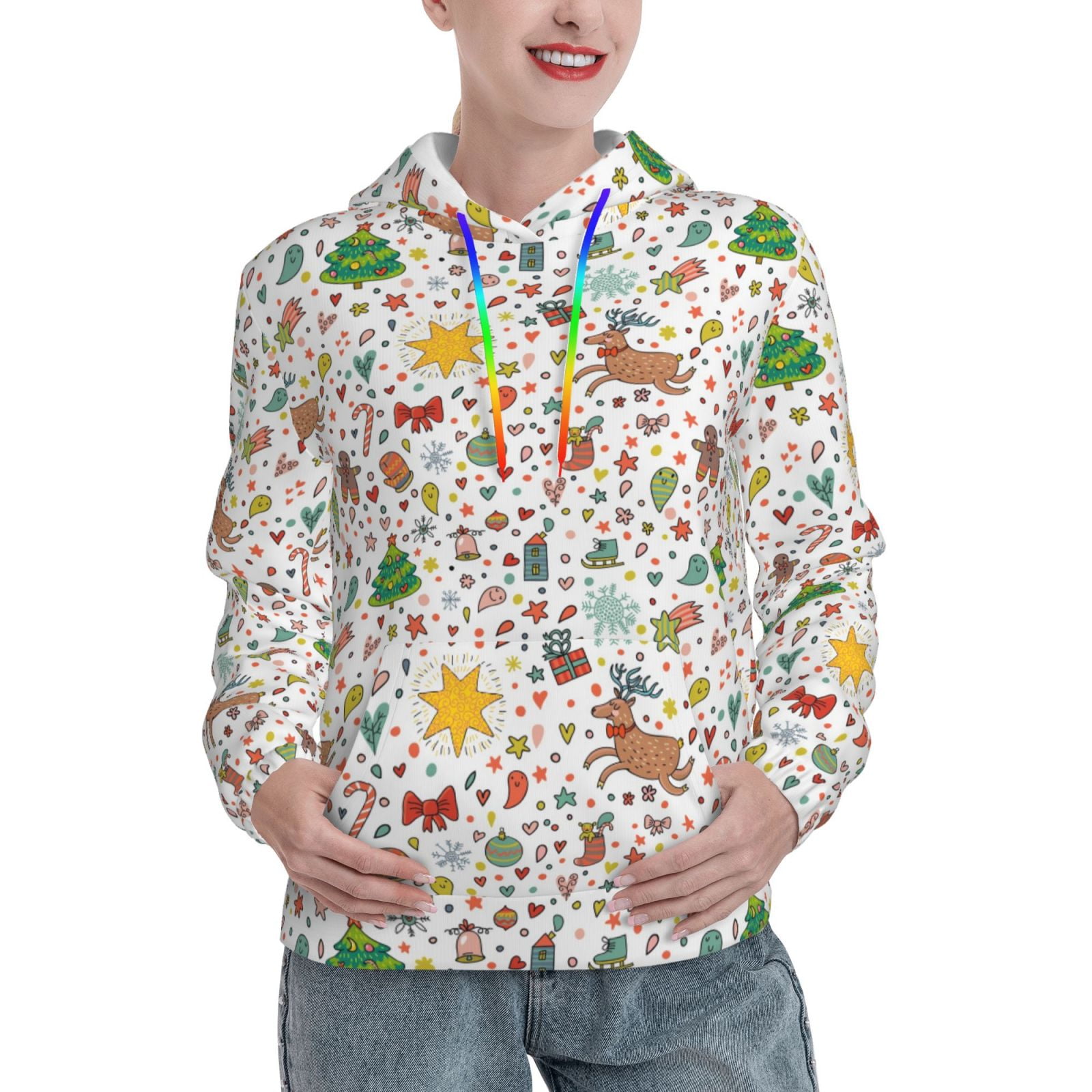 Easygdp Winter Christmas And New Year Deer Womens Casual Hoodies Sweatshirts Long Sleeve ...