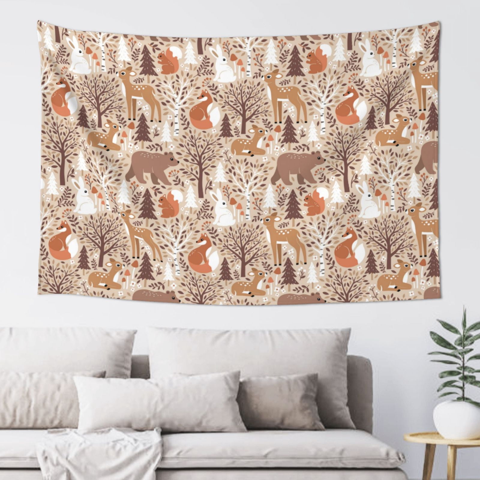 Easygdp Woodland Animals in Neutral Tones Tapestry Wall Hanging, Wall ...