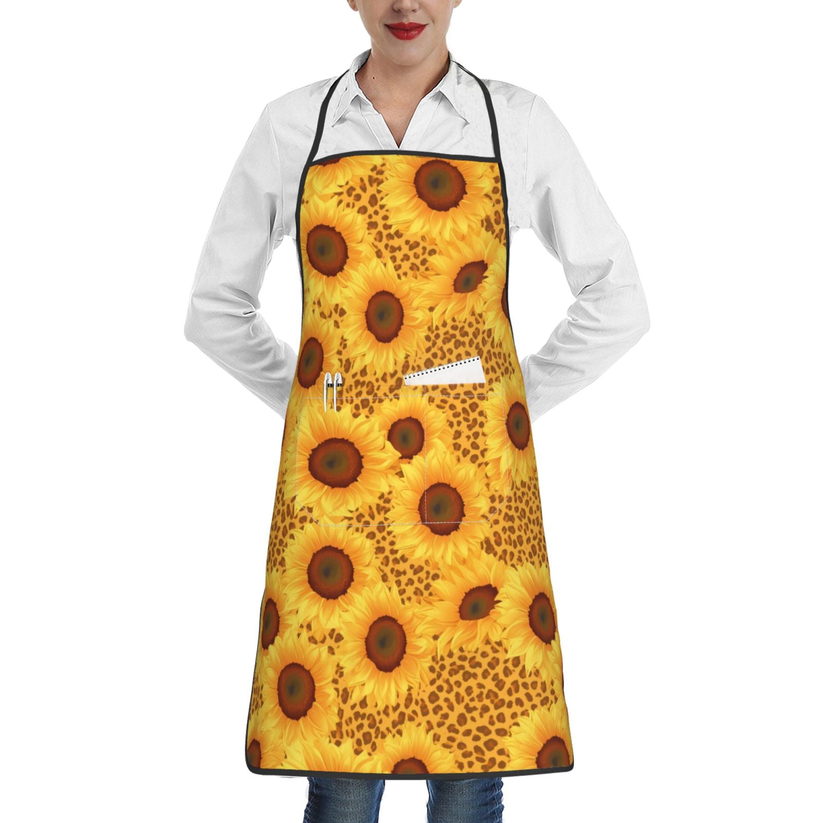 Easygdp Yellow Leopard Print Sunflower Apron Waterdrop Resistant with 2 ...