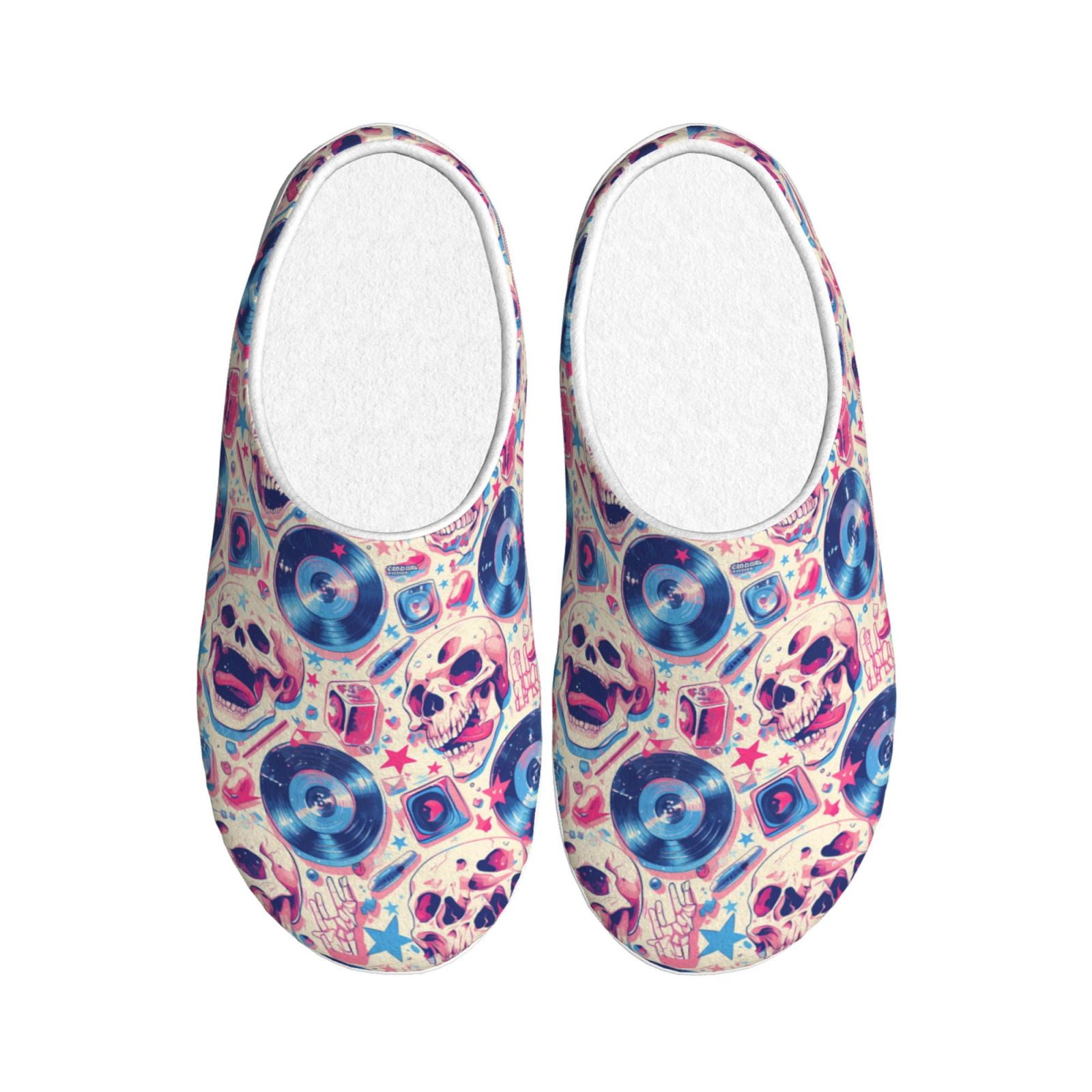 Easygdp blue record rock Skull Slippers for Women Mens Winter Warm Home ...