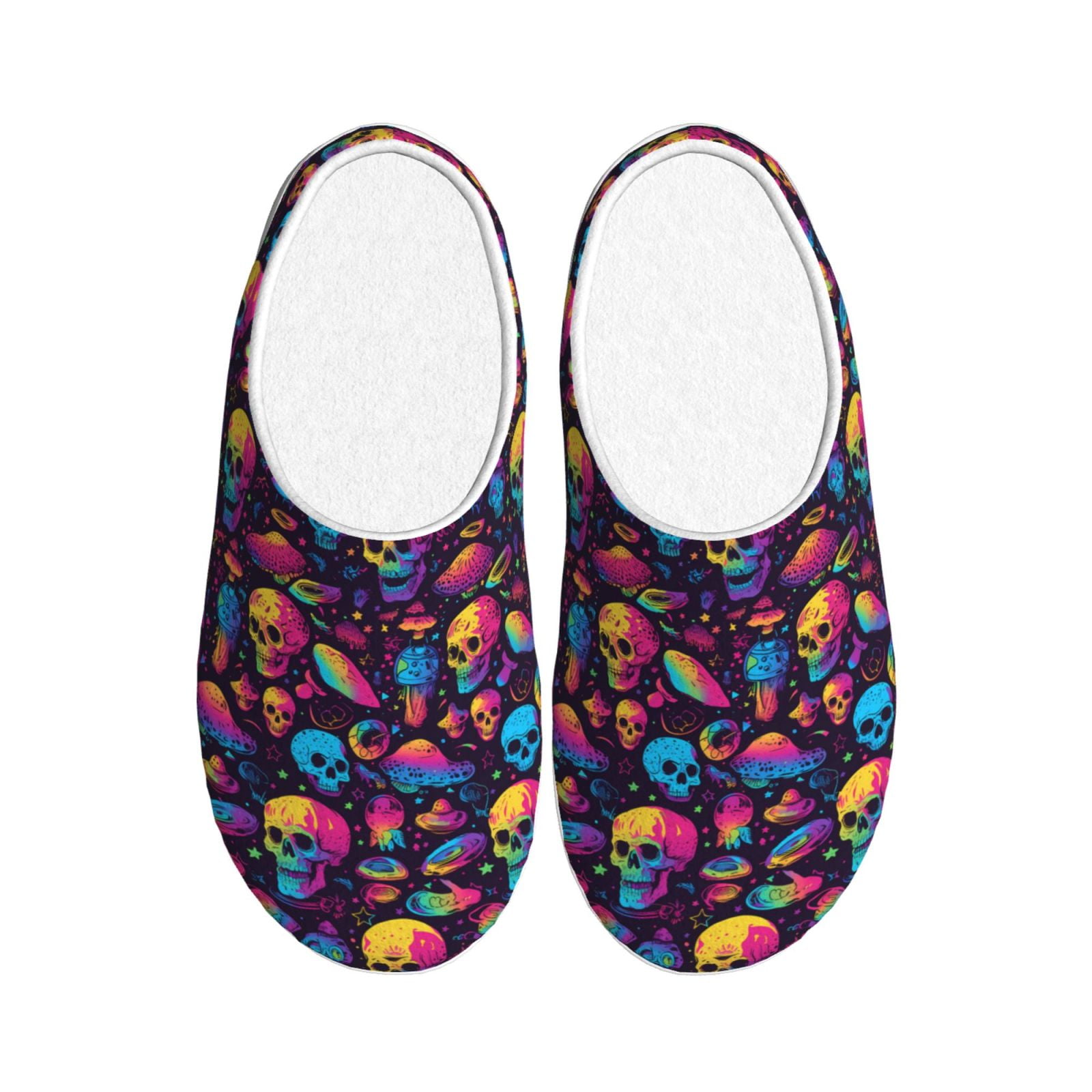 Easygdp colorful Skull Retro Slippers for Women Mens Winter Warm Home ...