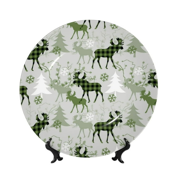 Easygdp green plaid Moose tree Bone China Decorative Plate Ceramic ...