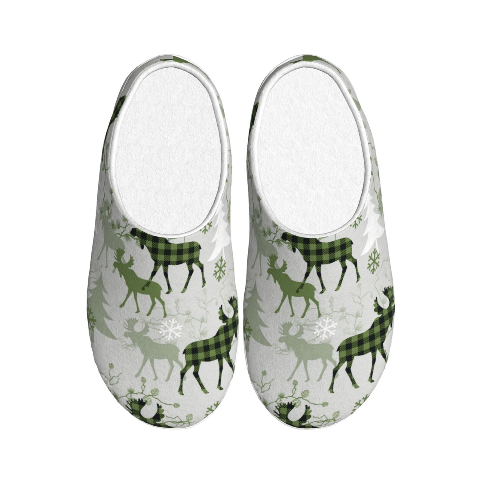 Easygdp green plaid Moose tree Slippers for Women Mens Winter Warm Home ...