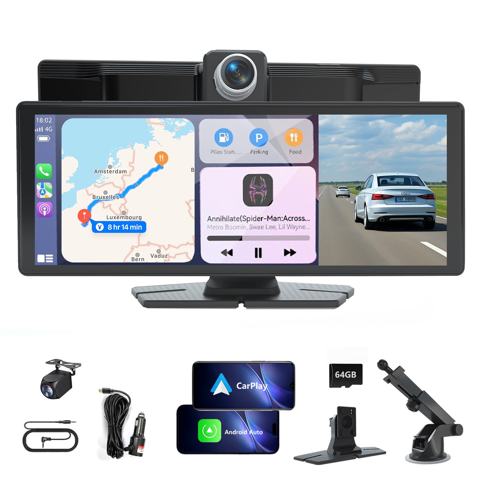 Easyonlife 10" Wireless Carplay Screen for Car with Dashcam and Backup ...