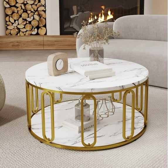 Easyzon Round Coffee Table, Wooden Marble Pattern Coffee Table with ...