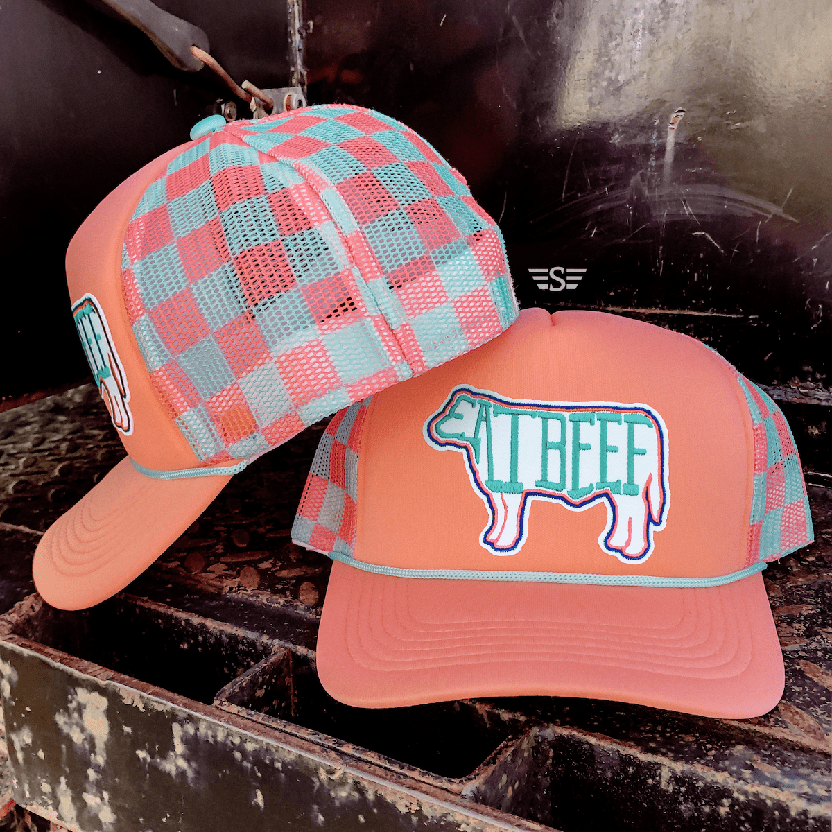Eat Beef Printed Mesh Trucker Cap (Coral/MintCheckAdult) - Walmart.com