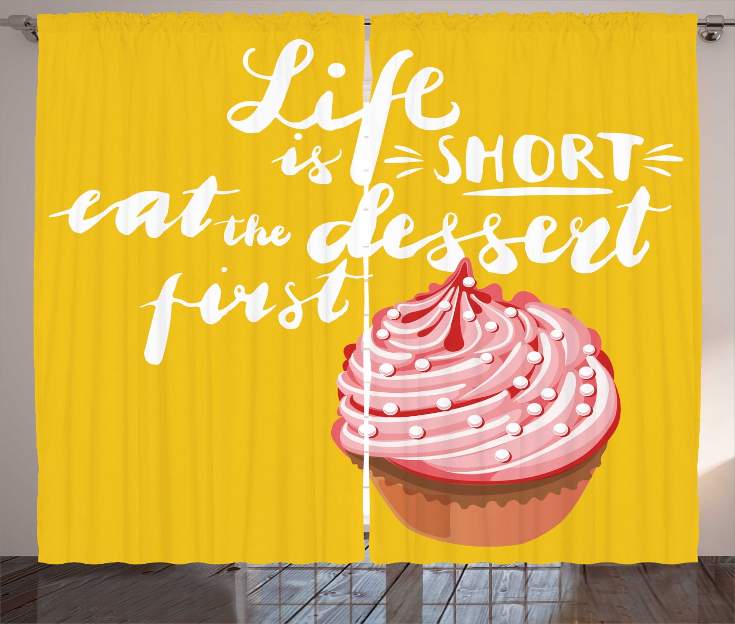 Eat Dessert First Curtains 2 Panels Set, Cursive Brush Lettering ...