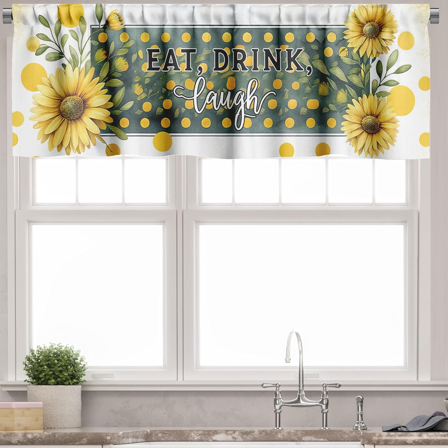 Eat Drink Laugh Window Valance, Farmhouse Art Sunflower with Orangish ...