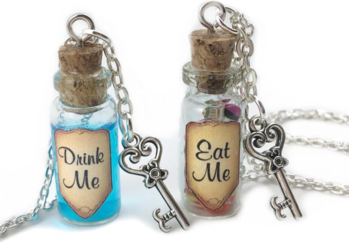 Eat Me Drink Me Alice Necklace Set Pair 2pcs Key Pendant Bottle Shimmer ...