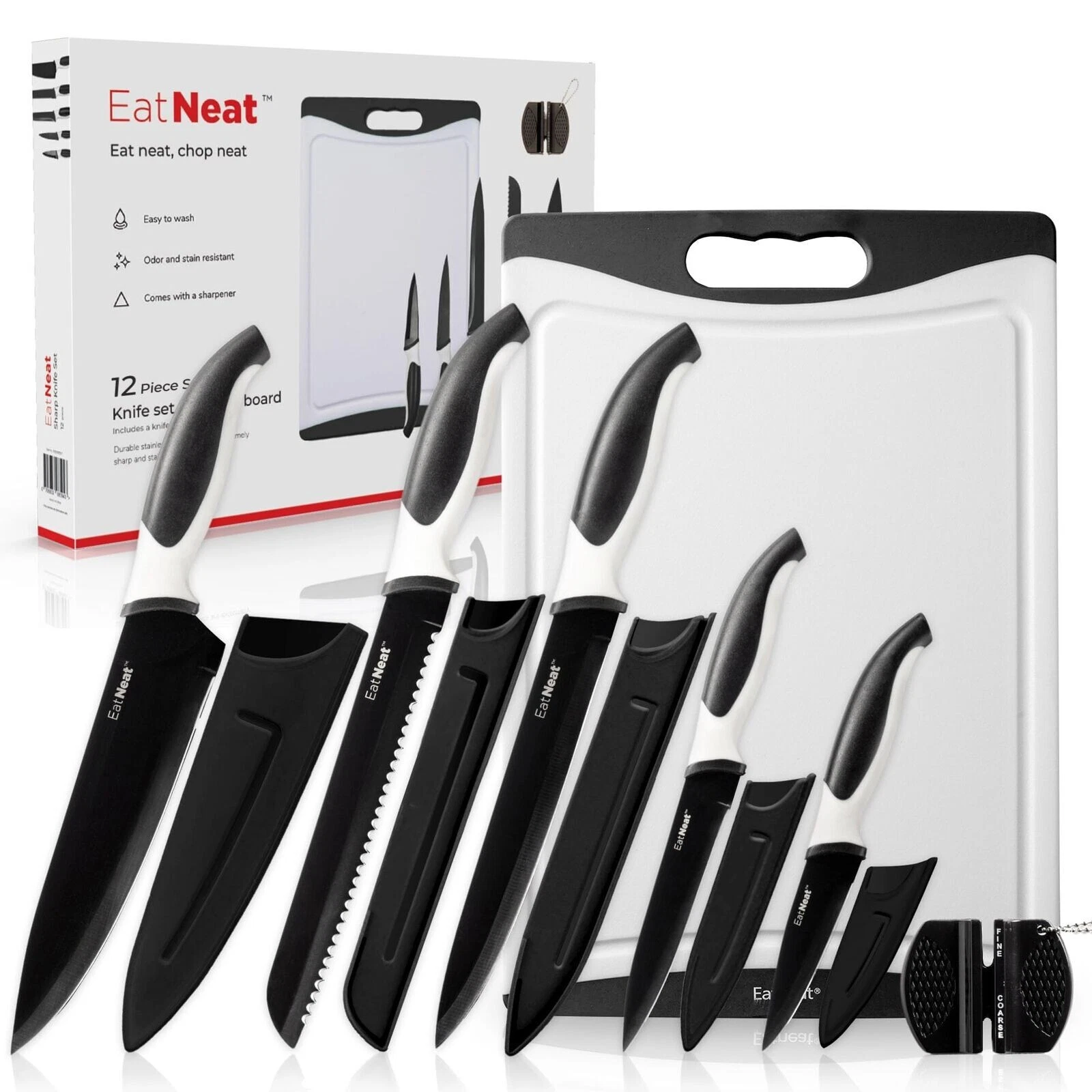 Eat Neat 12 Piece Cutting Board And Knife Set Stainless Steel Black ...