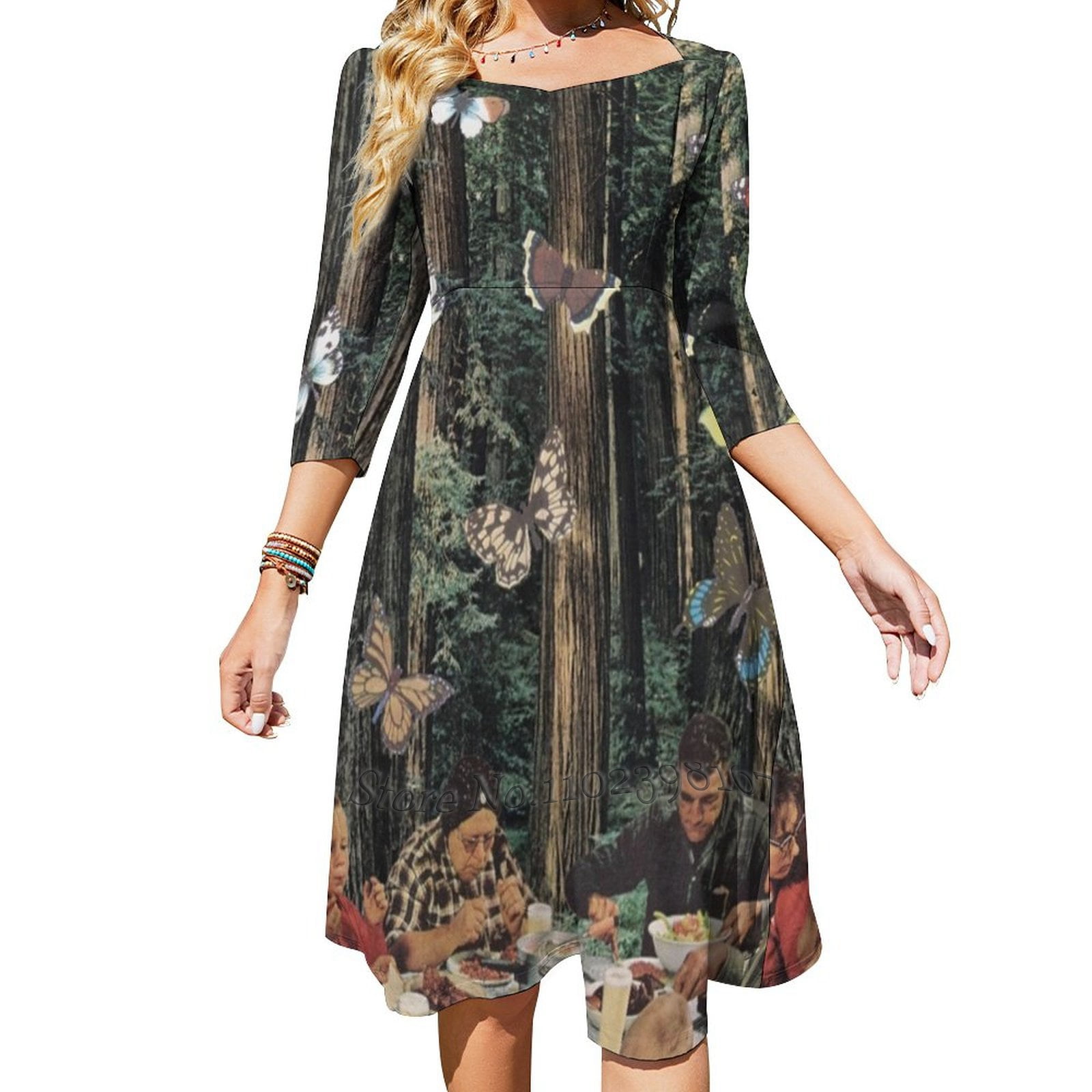 Eat Out Flare Dress Square Neck Dress Elegant Female Fashion Printed ...