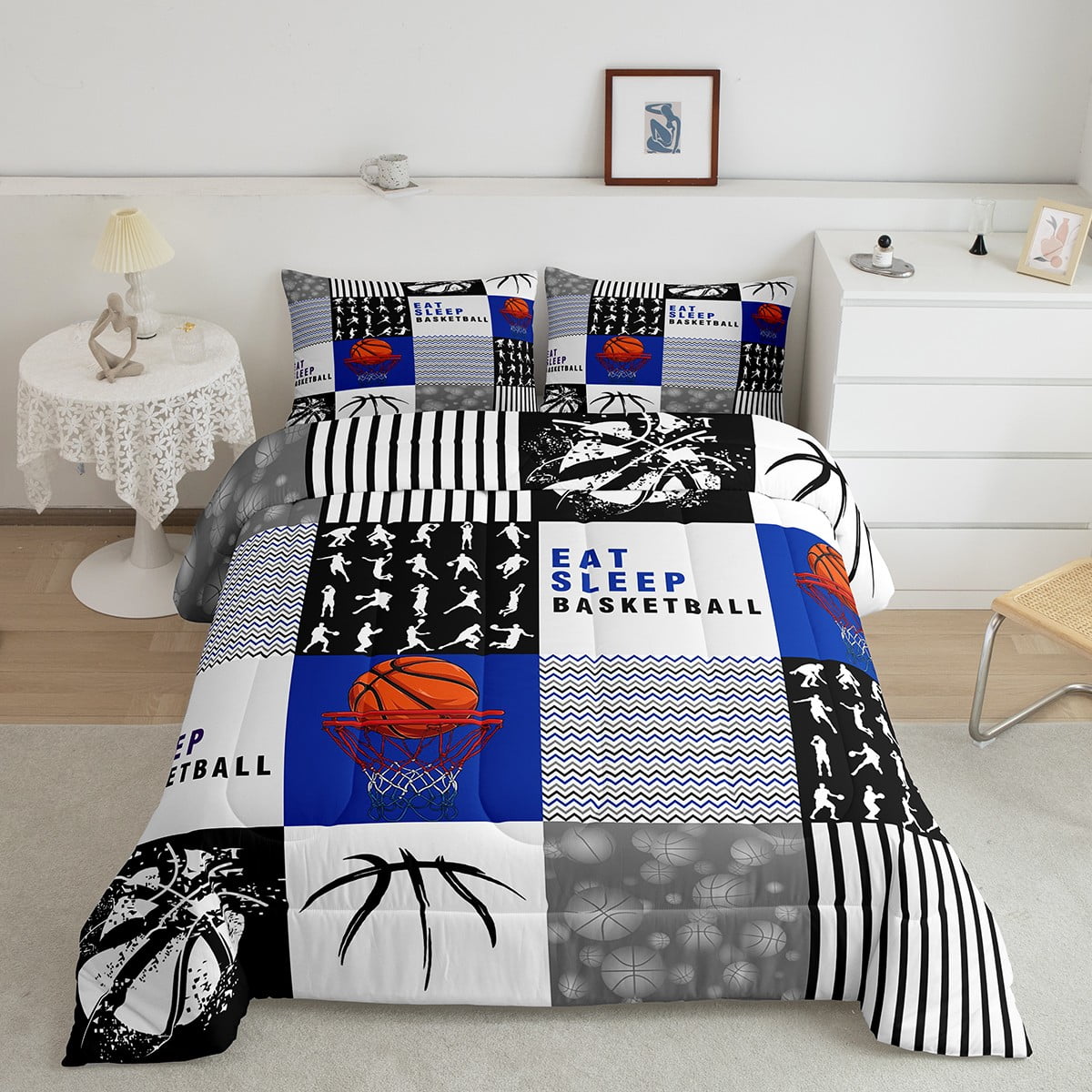 Eat Sleep Basketball Comforter Set,Geometric Sport Patchwork Bedding Full Size,Basketball ...