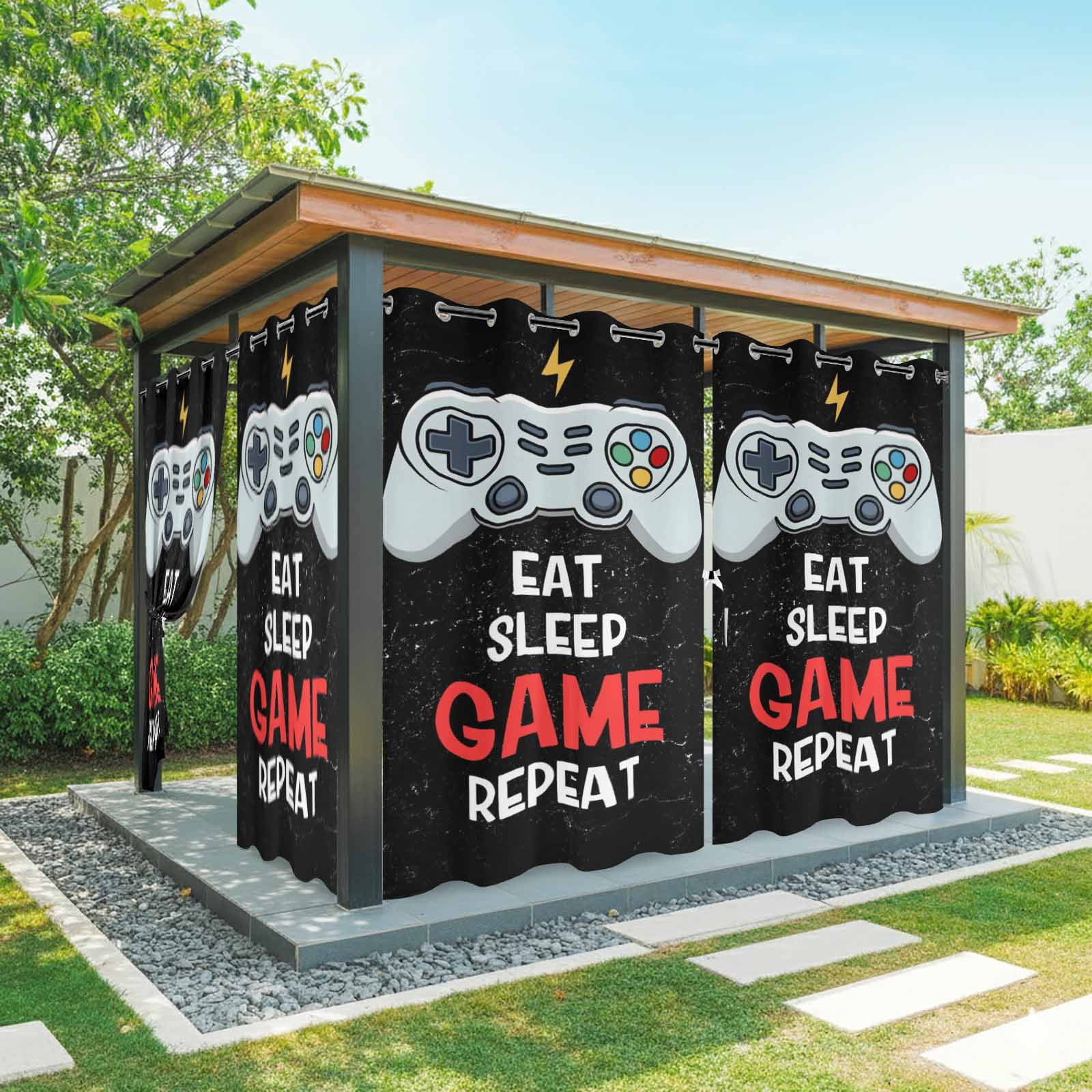 Eat Sleep Game Repeat Outdoor Curtains for Patio Waterproof, Cartoon ...
