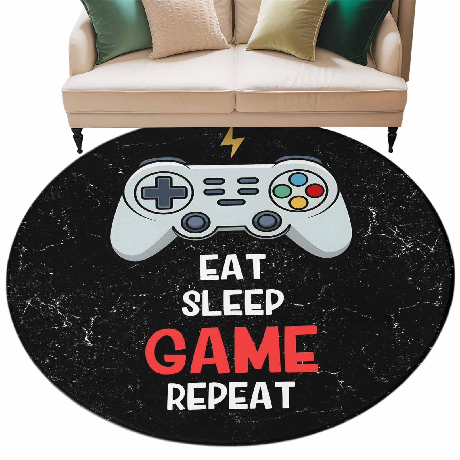 Eat Sleep Game Repeat Round Area Rug 5ft Cartoon Game Consoles Retro ...