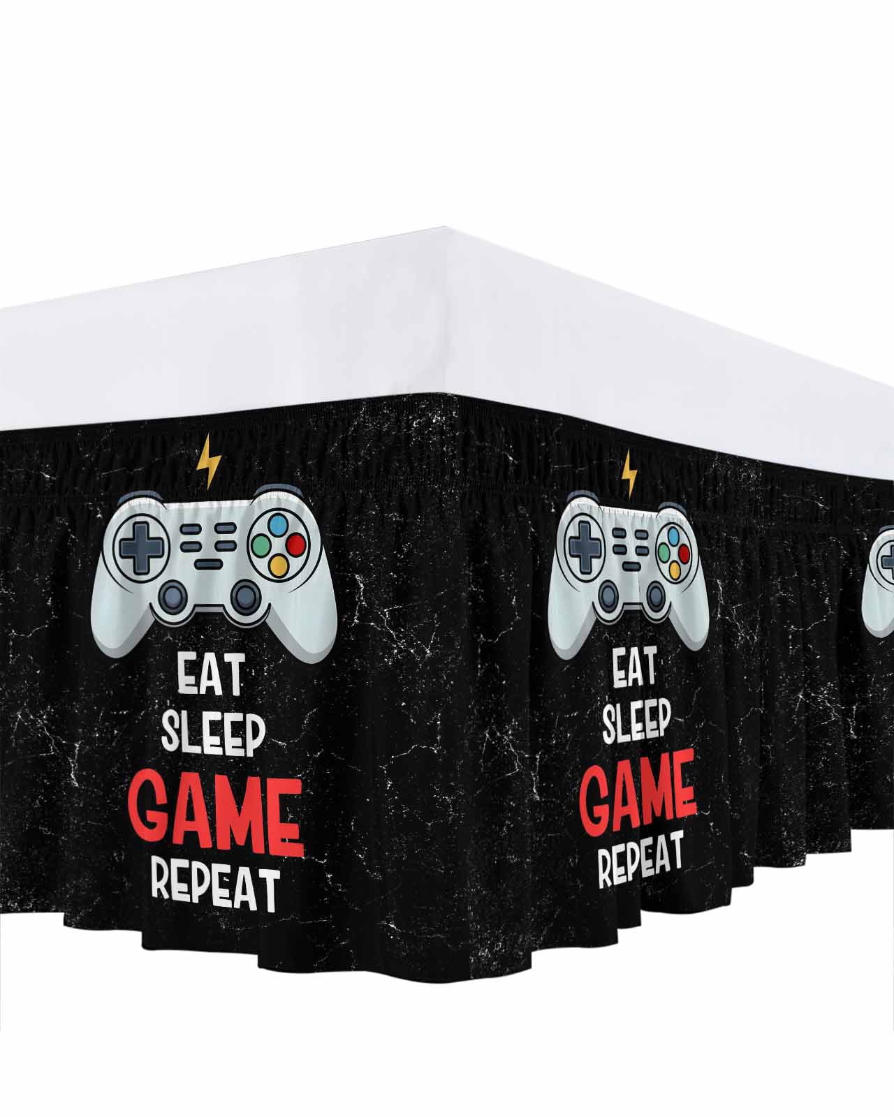 Eat Sleep Game Repeat Ruffle Bed Skirt California King Size Cartoon ...