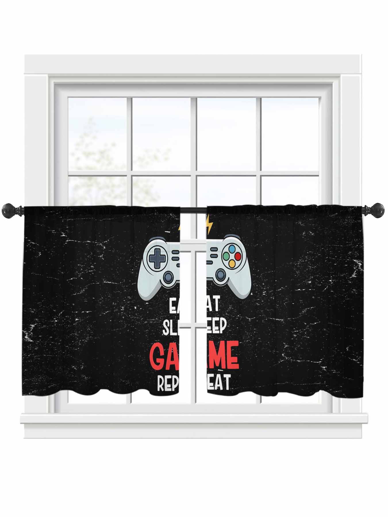 Eat Sleep Game Repeat Sheer Curtains 45 Inch Long 2 Panels, Cartoon ...