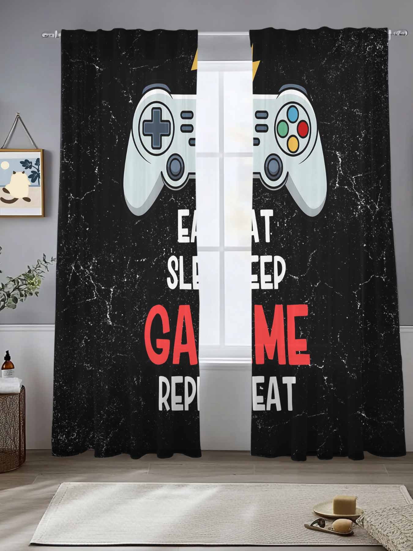 Eat Sleep Game Repeat Sheer Curtains 84 Inches Long 2 Panels Cartoon ...