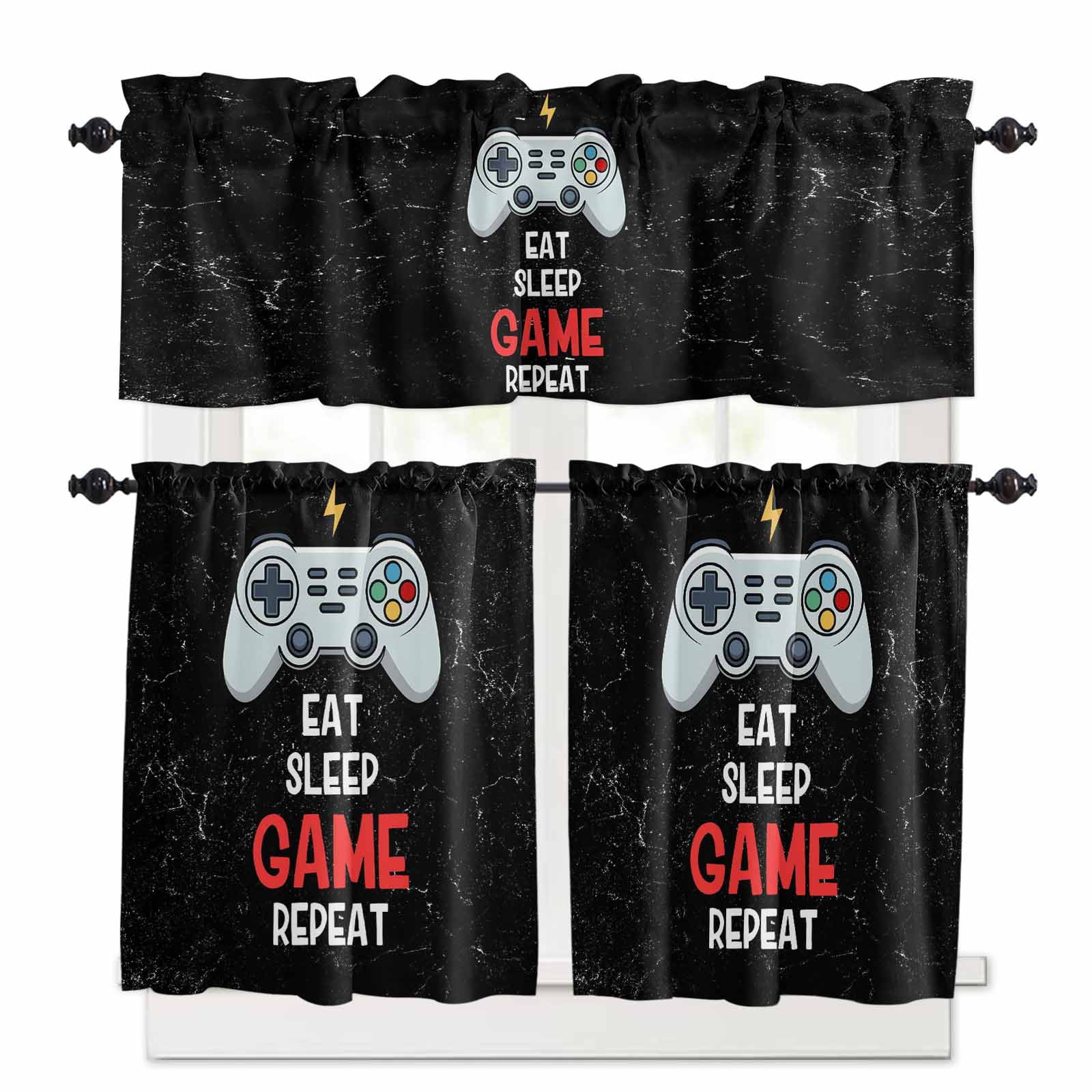 Eat Sleep Game Repeat Window Curtains Valance Set of 3 Cartoon Game Consoles Retro Rod Pocket ...