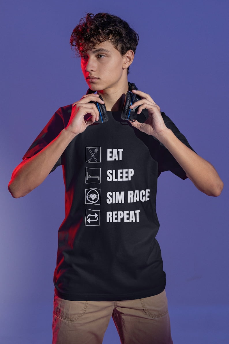 Eat Sleep Sim Race Repeat Shirt, Simulator Cockpit Esports Racer Experience, Fanatec Rig Setup ...