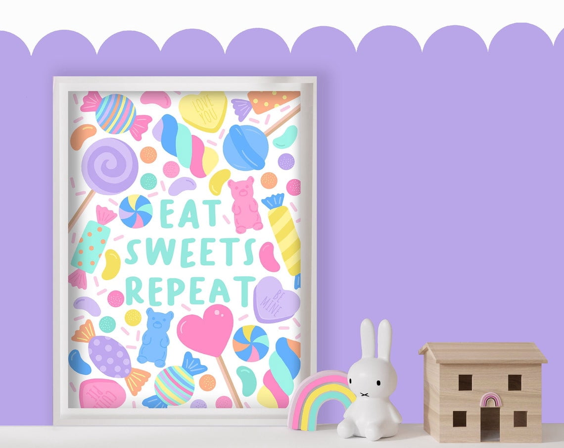 Eat Sweets Repeat - Sweeties, Candy, Girls Bedroom Wall Art, Nursery ...