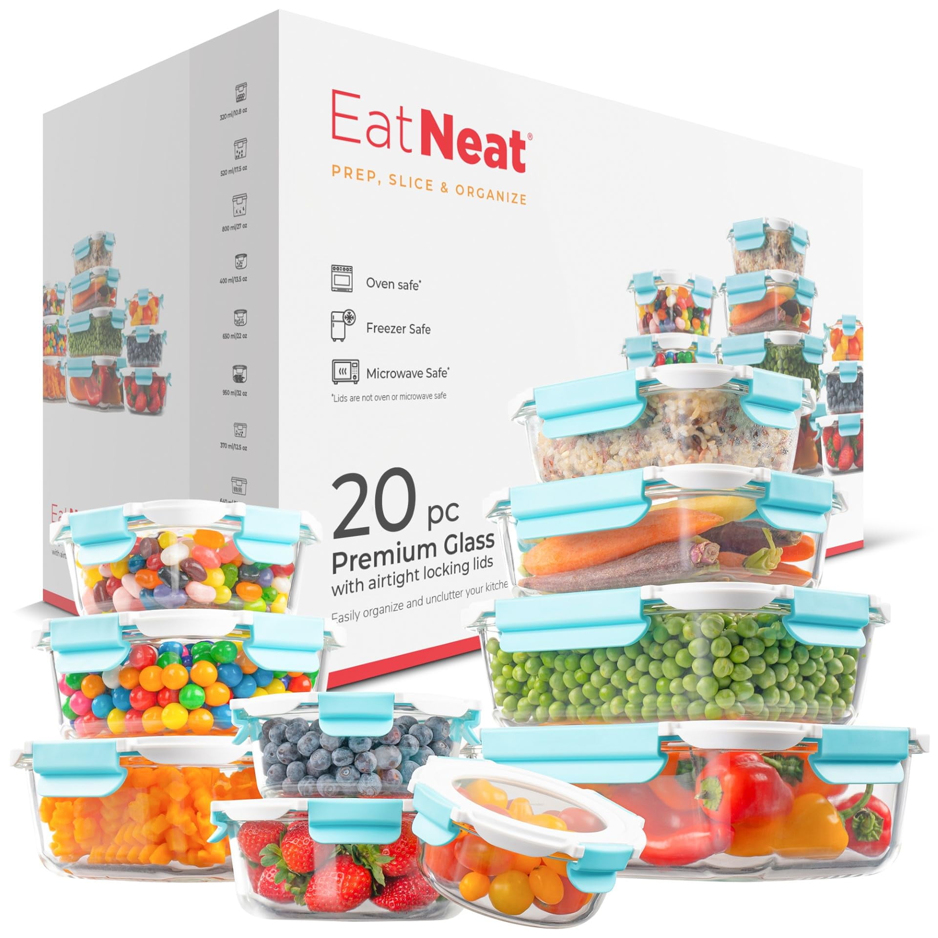 EatNeat 10-Pack Deluxe Glass Food Storage Containers with Airtight ...