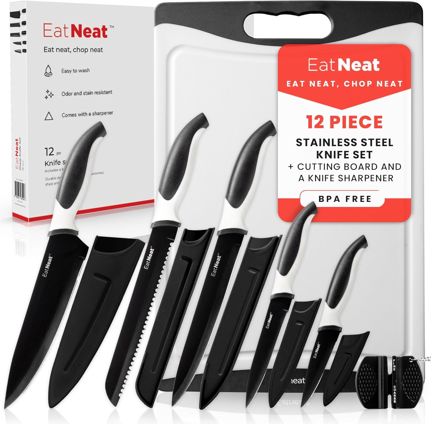 EatNeat 12 Piece Knife and Cutting Board Set: Premium Sleek Non-Stick ...