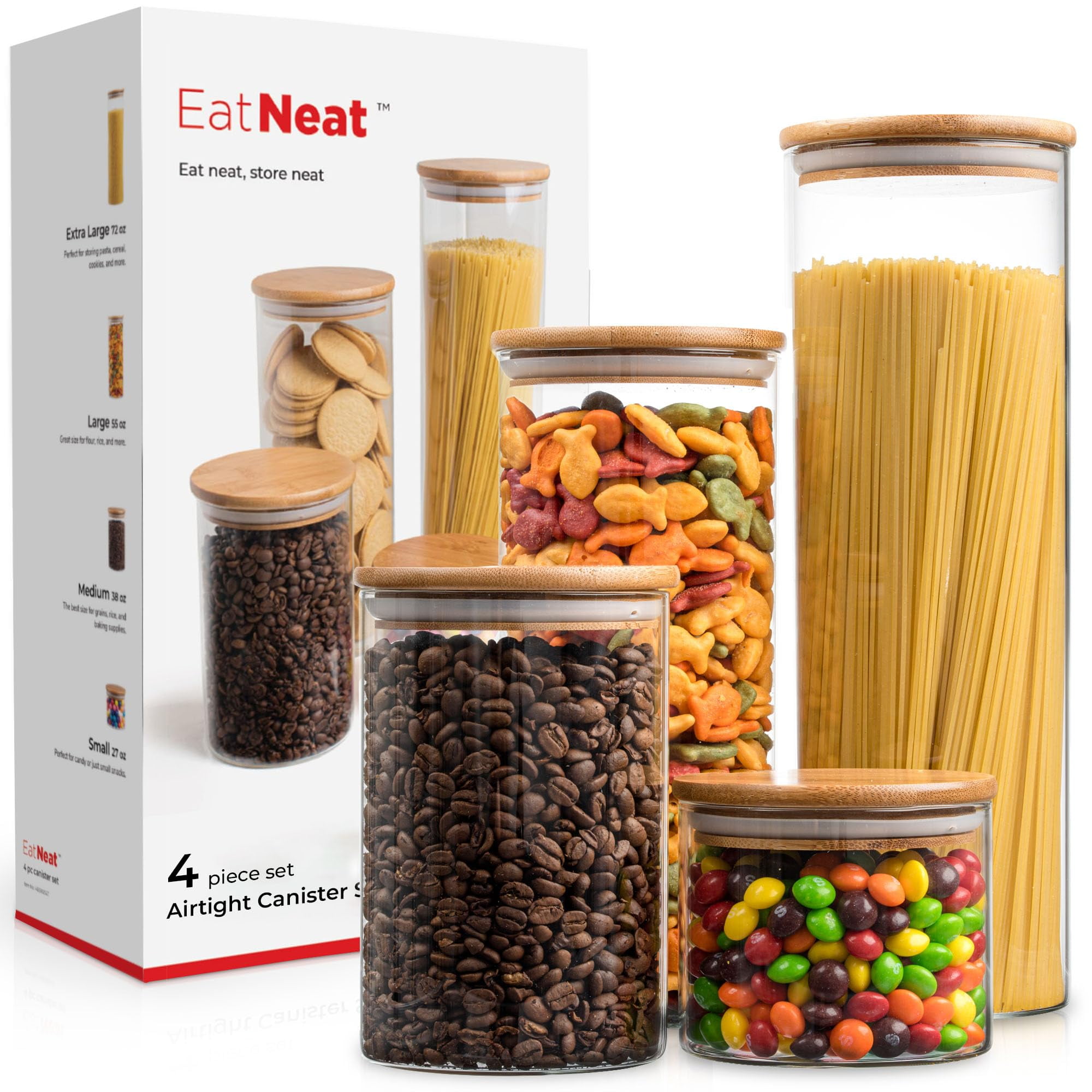 EatNeat 4-Piece Glass Canister Set with Airtight Bamboo Lids - Durable ...