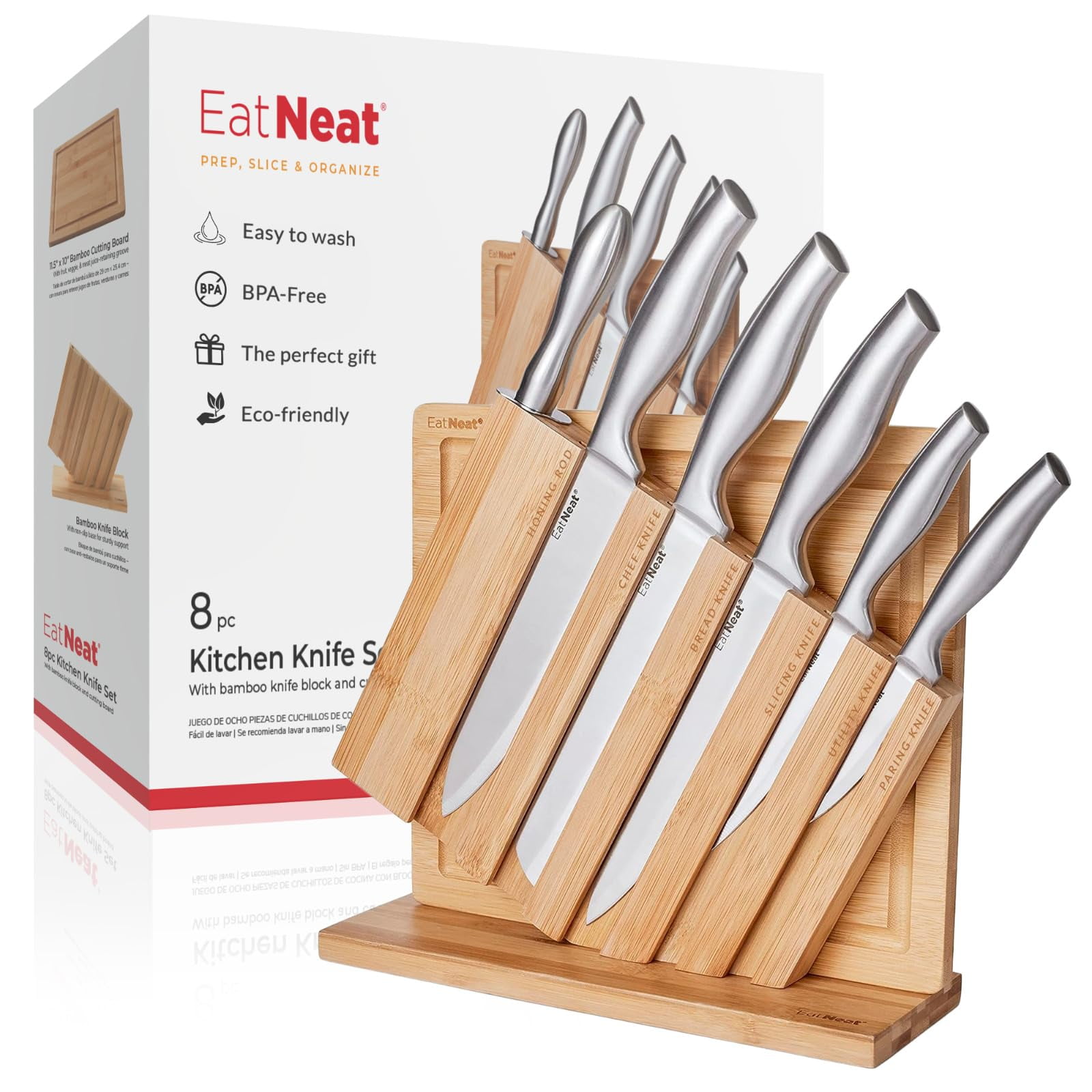 EatNeat 8-Piece Stainless Steel Knife Set with Bamboo Block, Honing Rod ...