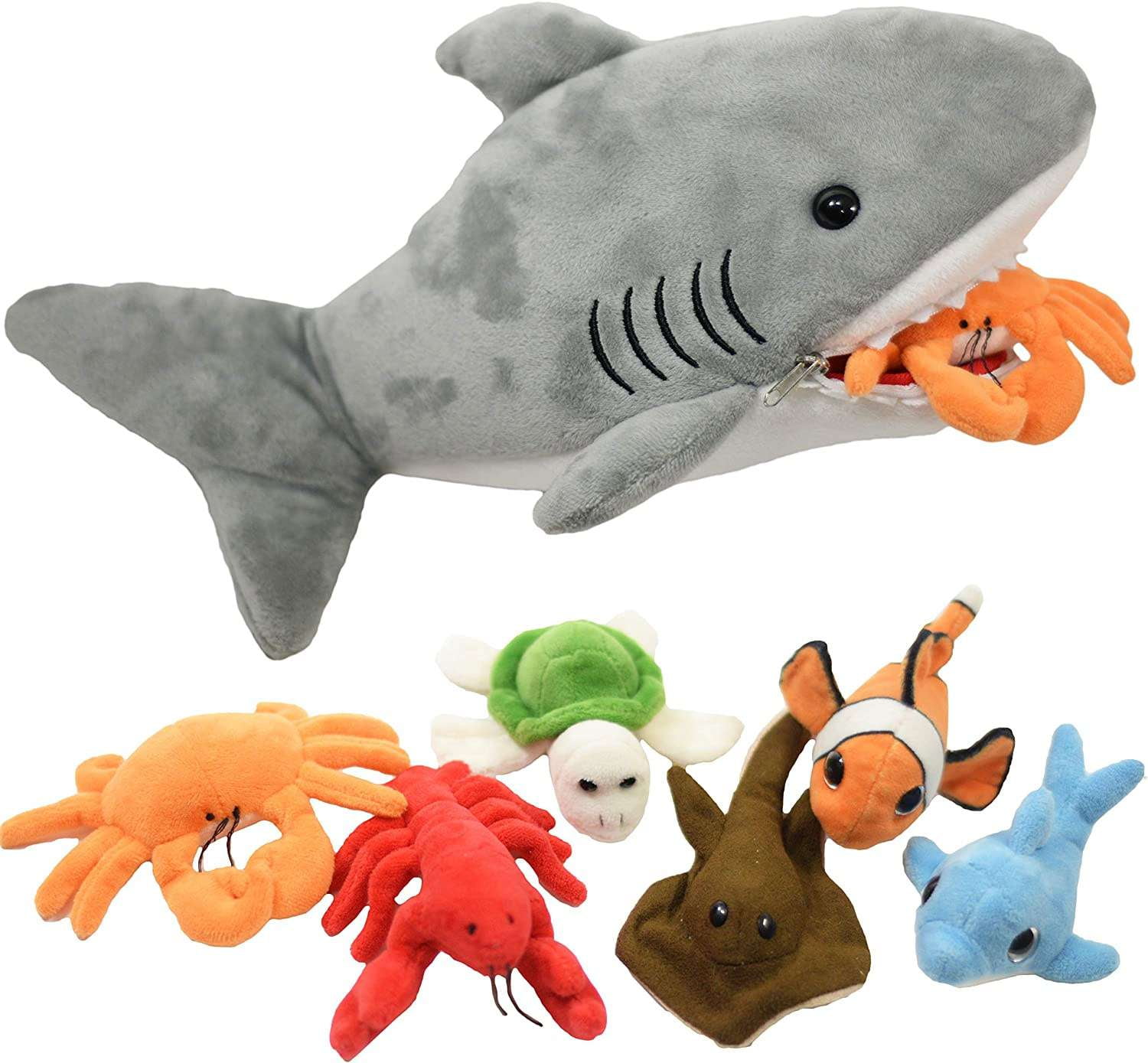 Large 15 Inch Plush Shark Toy with 6 Soft Sea Creatures for Kids ...