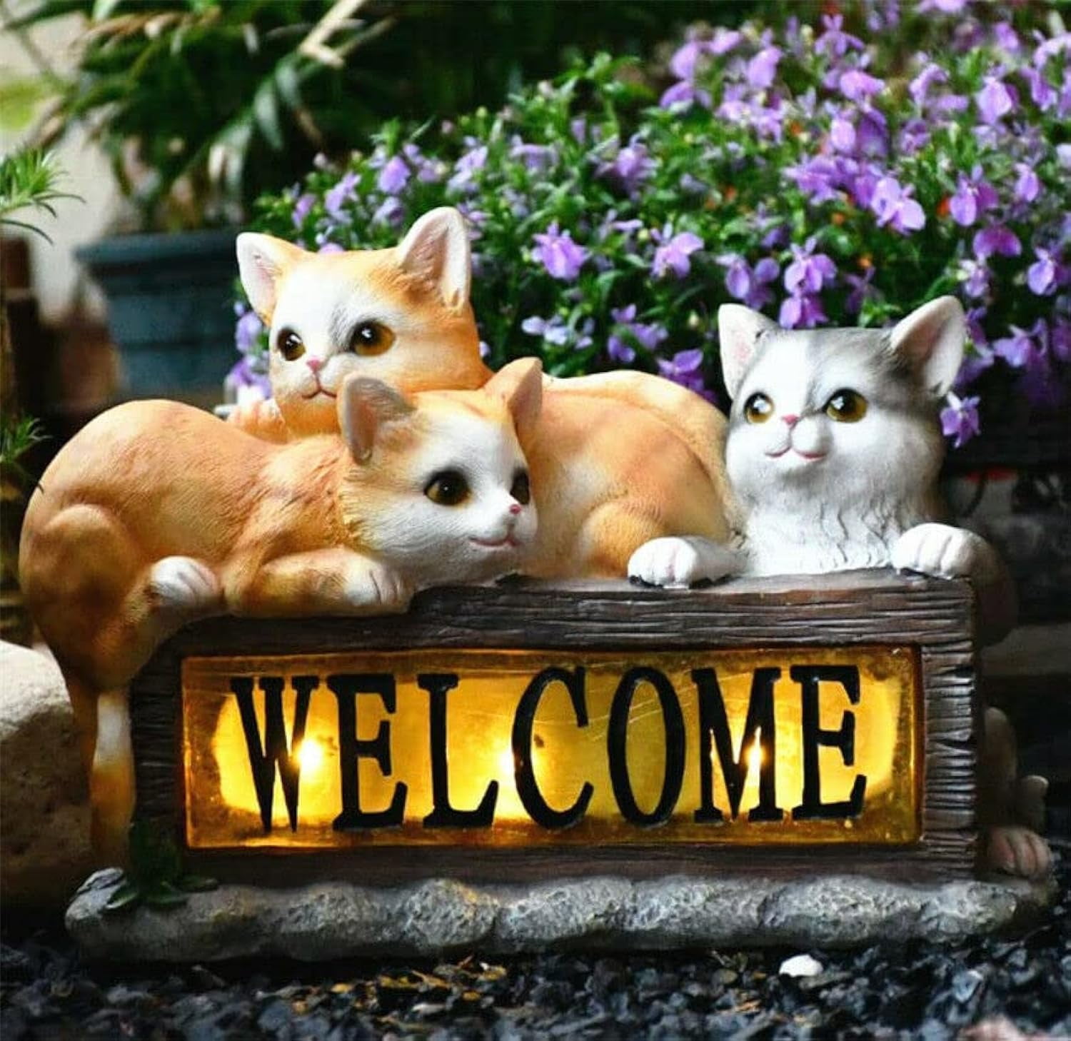 EatingBiting Solar Cats Statue Lamp Garden Luminous Welcome Sign Cat Sculpture Colletible ...