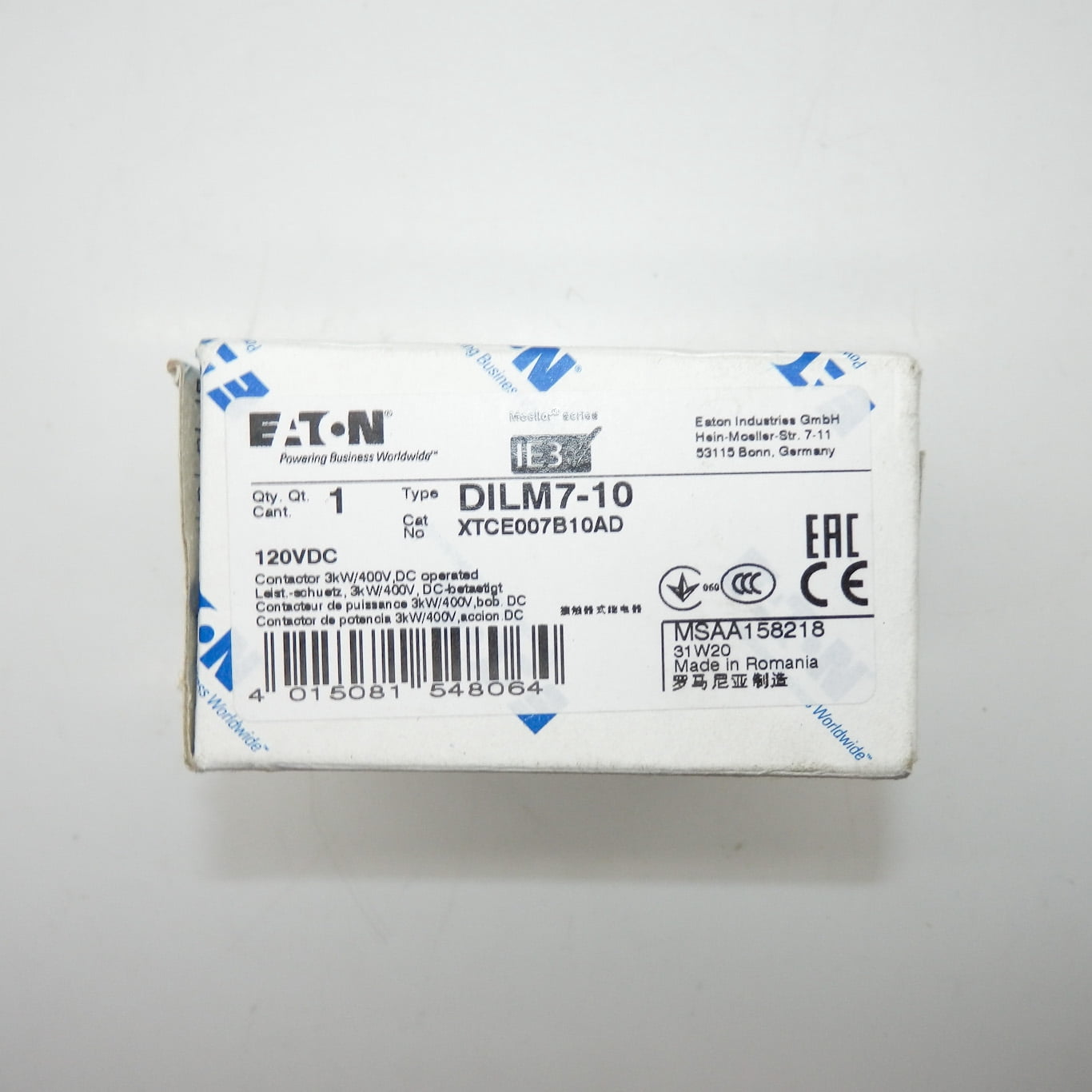 Eaton 120VDC 7A 3-Pole DIN Rail Mount Contactor DILM7-10 XTCE007B10AD ...