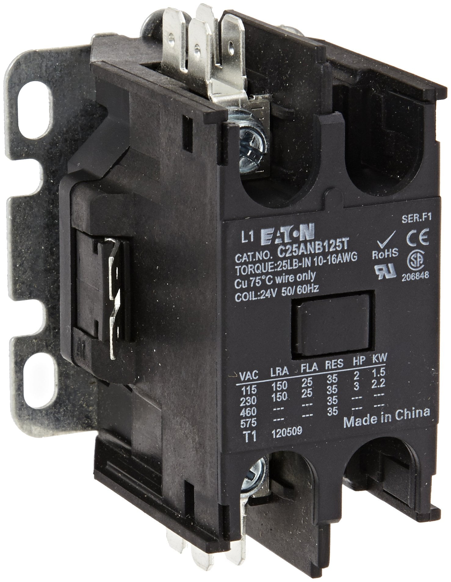 Eaton C25ANB125T Compact Definite Purpose Contactor, 1 Pole, Screws ...