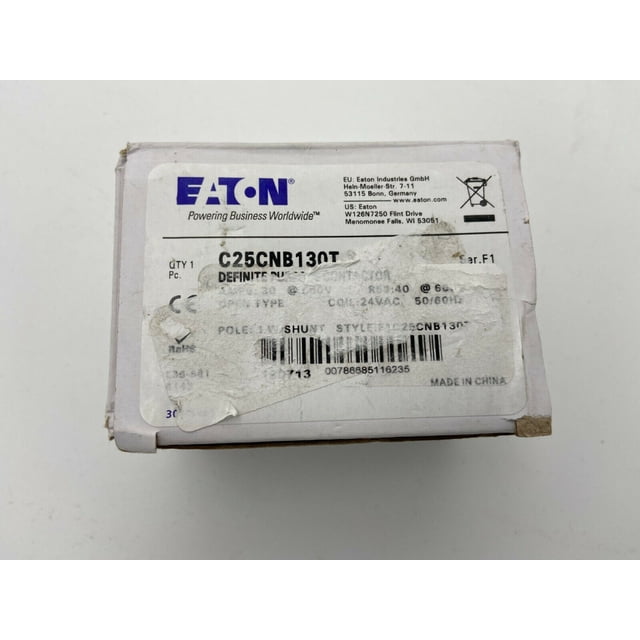 Eaton C25CNB130T Definite Purpose Contactor 30 Amp, 1 Pole, 24V ...
