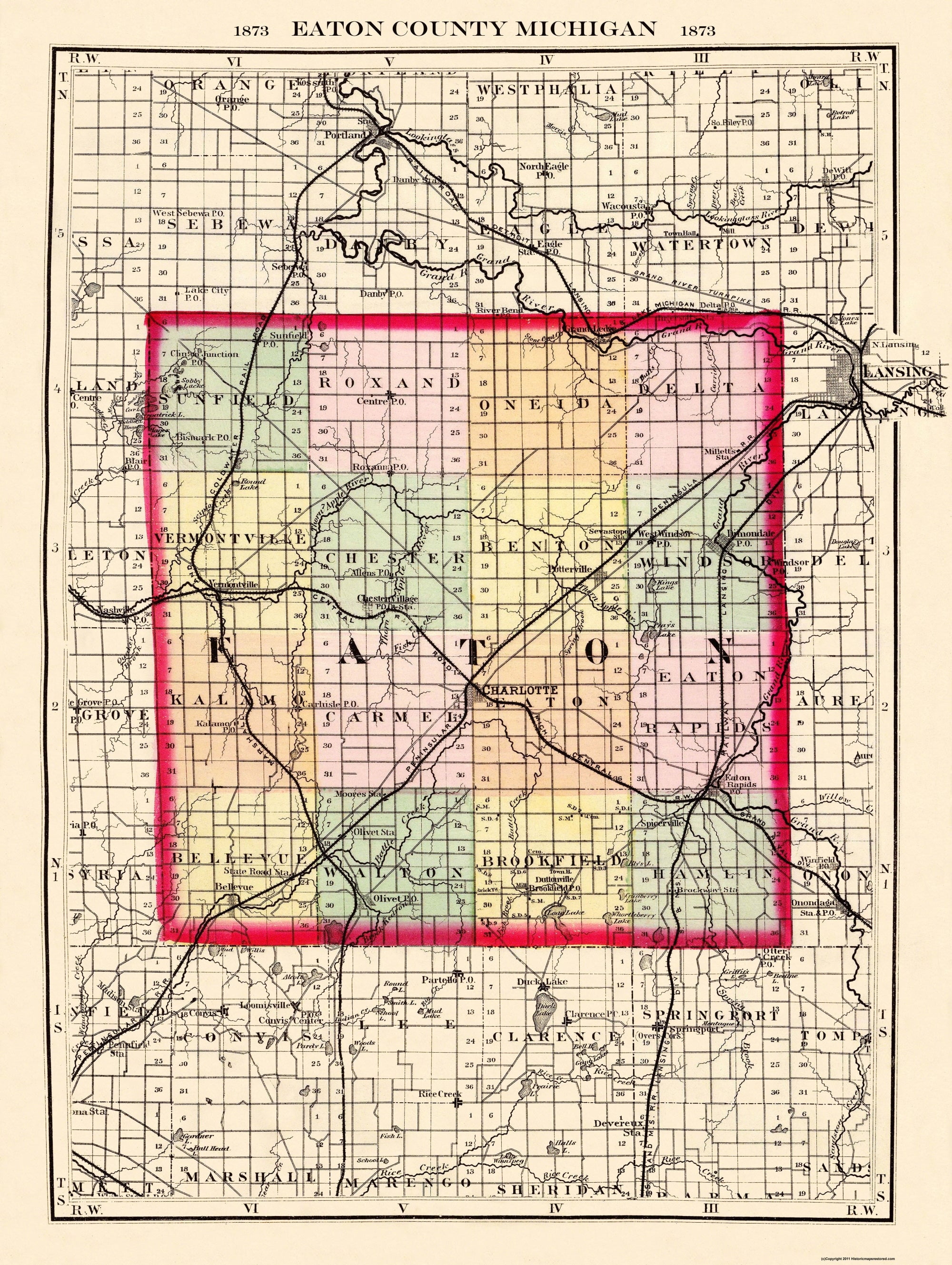 Historic County Map - Eaton County Michigan - Walling 1873 - 23 x 30.56 ...