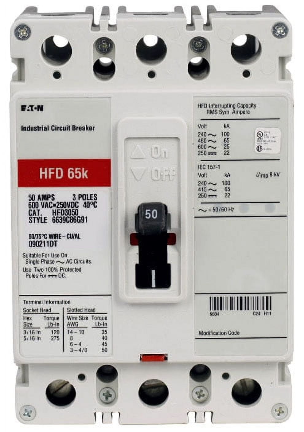 Molded Case Circuit Breaker, HFD Series, 100A, 3 Pole, 600V AC, 100kA ...