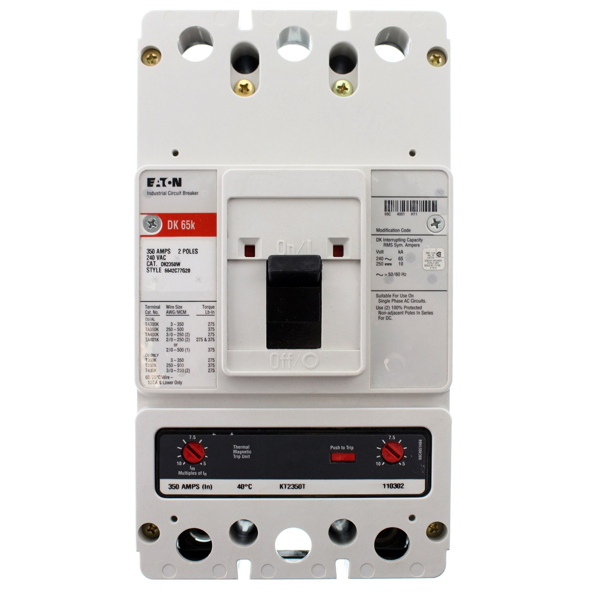 Eaton DK2350W C-Series K-Frame Bolt-On Circuit Breaker, 350A, 240V, 2P ...