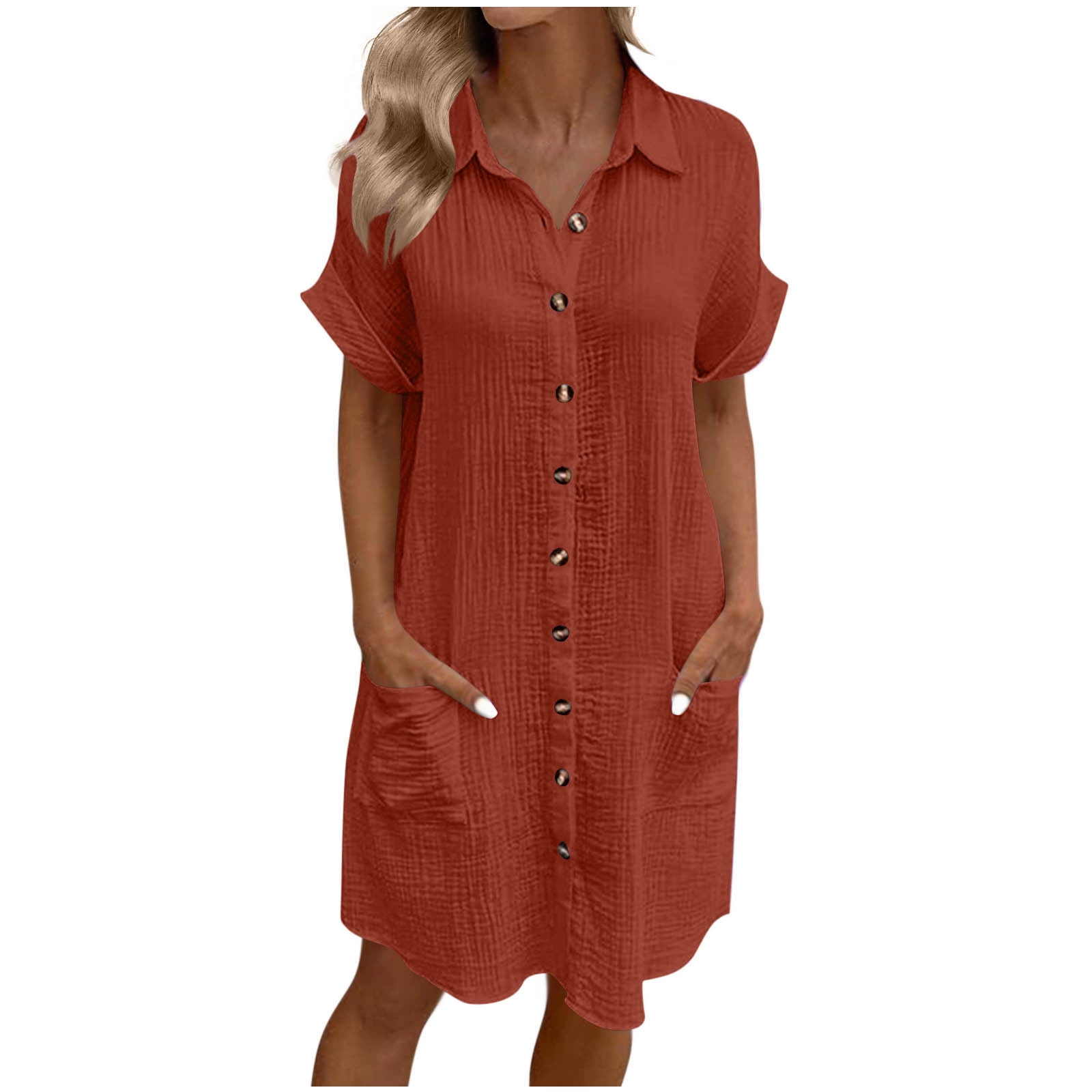 Eawtki Linen Dress Women Summer Casual Button Down Shirt Dresses Tunic Short Sleeve Midi Dress ...