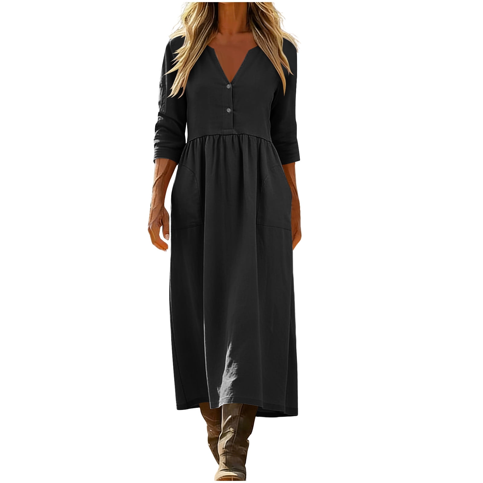 Eawtki Women's Linen V-Neck 3/4 Sleeve Maxi Dress Button Front Casual ...