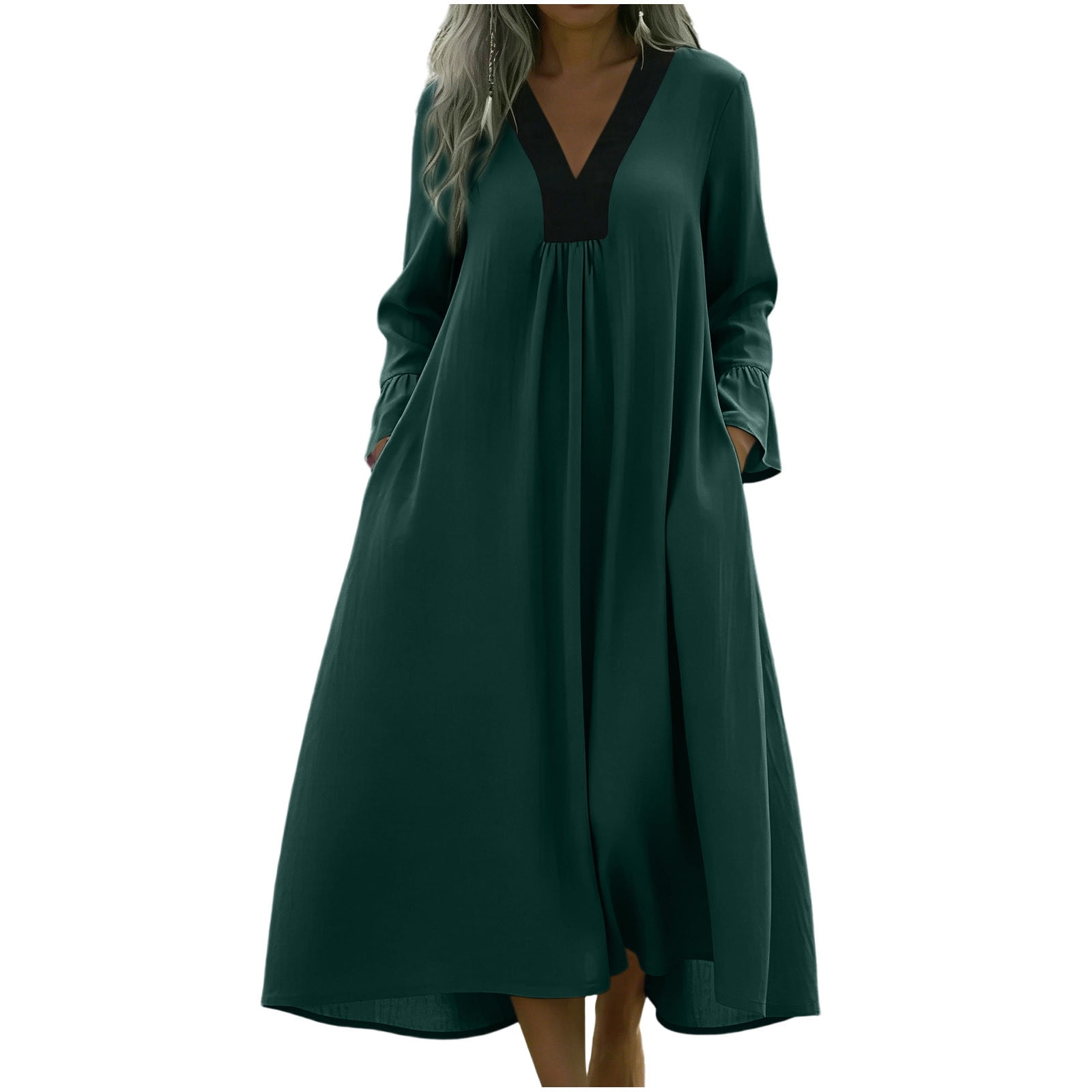 Eawtki Women's Long Sleeve V-Neck Contrast Trim Maxi Dress with Pockets ...