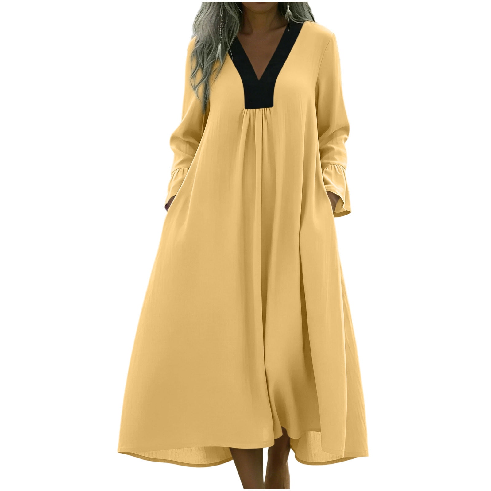 Eawtki Women's Long Sleeve V-Neck Contrast Trim Maxi Dress with Pockets ...