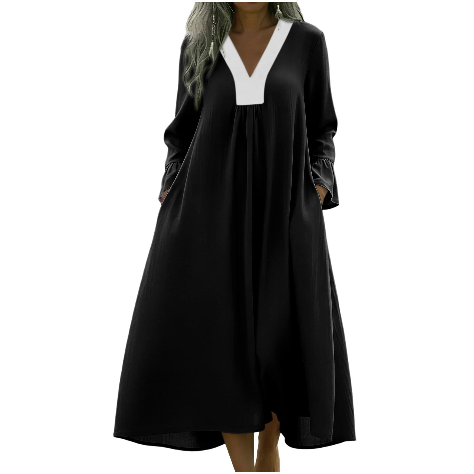 Eawtki Women's Long Sleeve V-Neck Contrast Trim Maxi Dress with Pockets ...