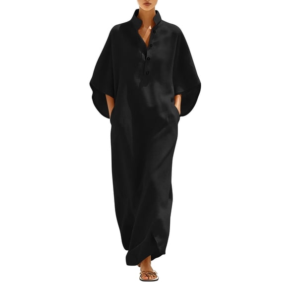Eawtki Women's Mandarin Collar Batwing Sleeve Maxi Dress Half Button ...