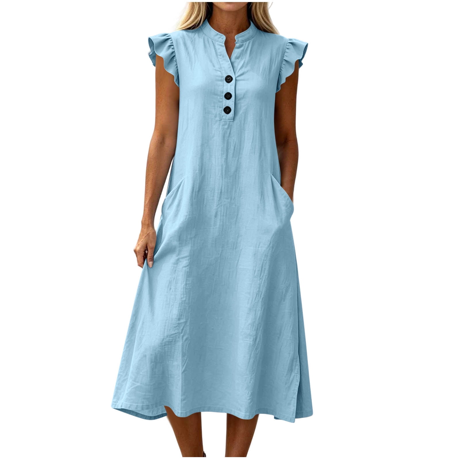 Eawtki Women's Mandarin Collar Ruffle Cap Sleeve Midi Dress Button ...