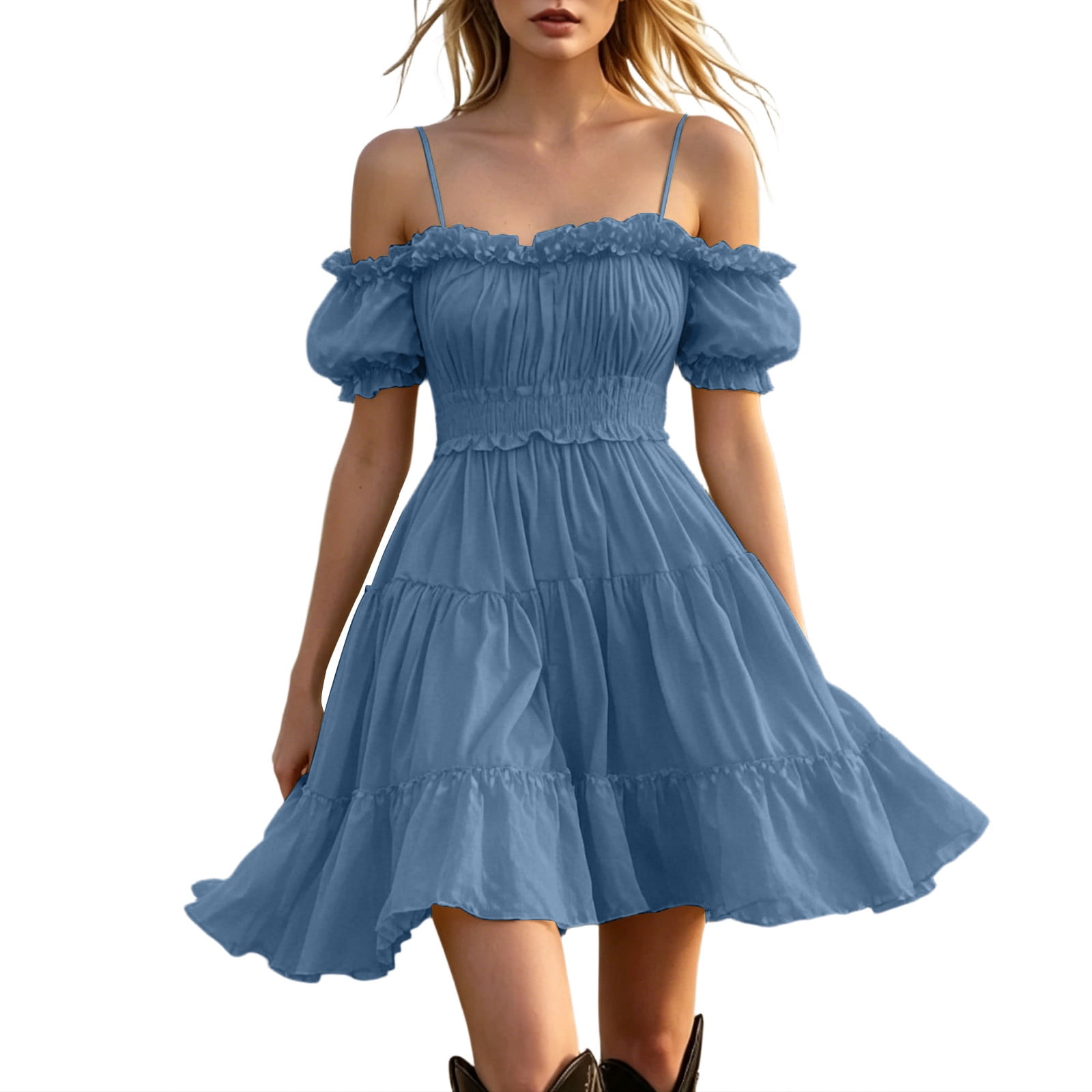 Eawtki Women's Off The Shoulder Spaghetti Strap Mini Dress Ruffle ...