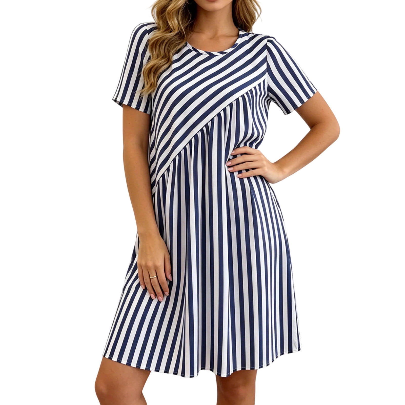 Eawtki Women's Round Neck Short Sleeve Mini Dress Diagonal Vertical ...